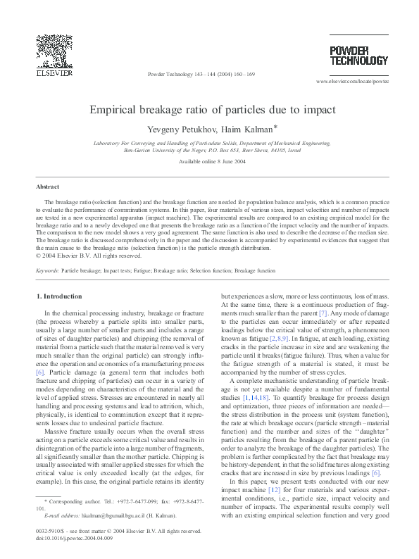 (PDF) Empirical breakage ratio of particles due to impact