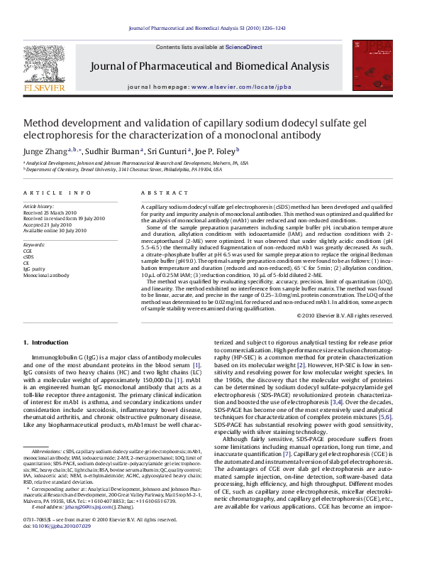 (PDF) Method development and validation of capillary sodium dodecyl sulfate gel electrophoresis ...