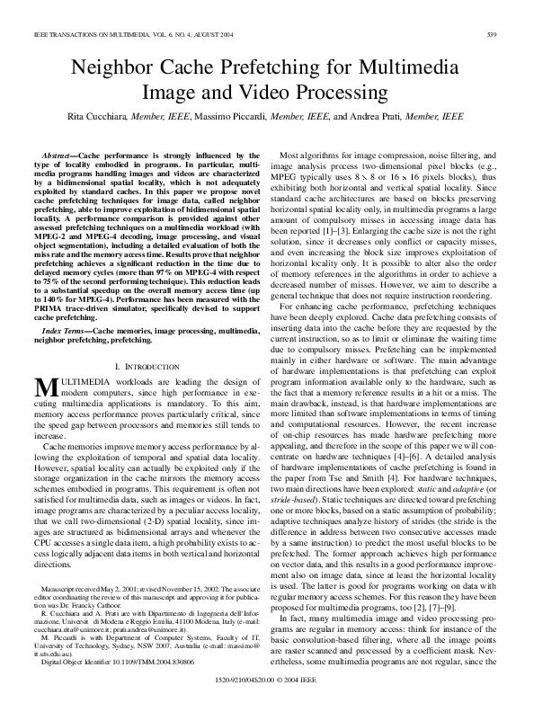 (PDF) Neighbor Cache Prefetching for Multimedia Image and Video Processing