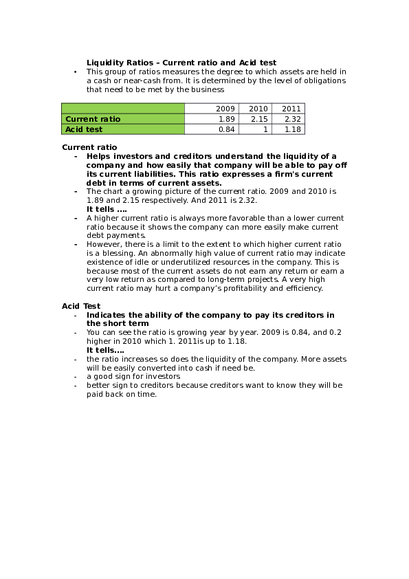 (DOC) Liquidity Ratios – Current ratio and Acid test