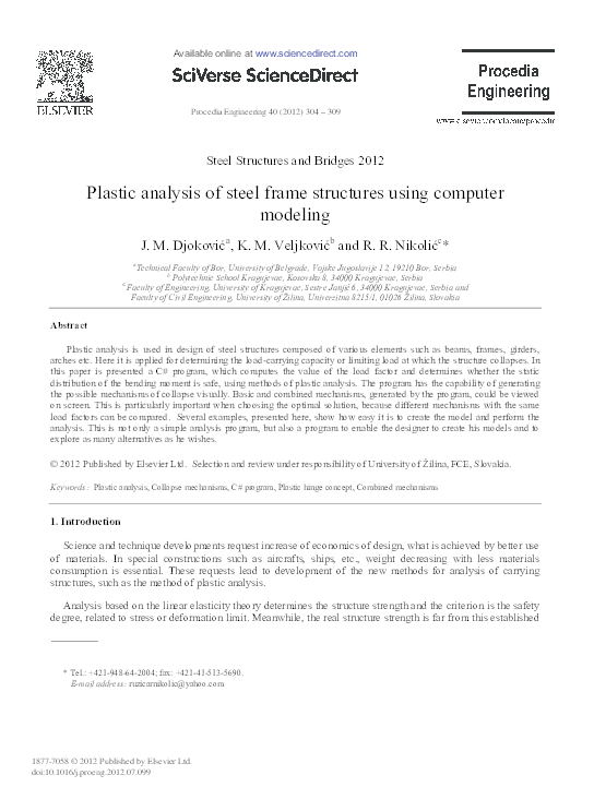 (PDF) Plastic Analysis of Steel Frame Structures using Computer Modeling