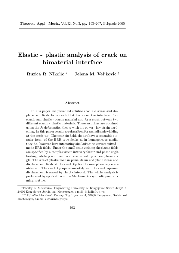 (PDF) Elastic-plastic analysis of crack on bimaterial interface