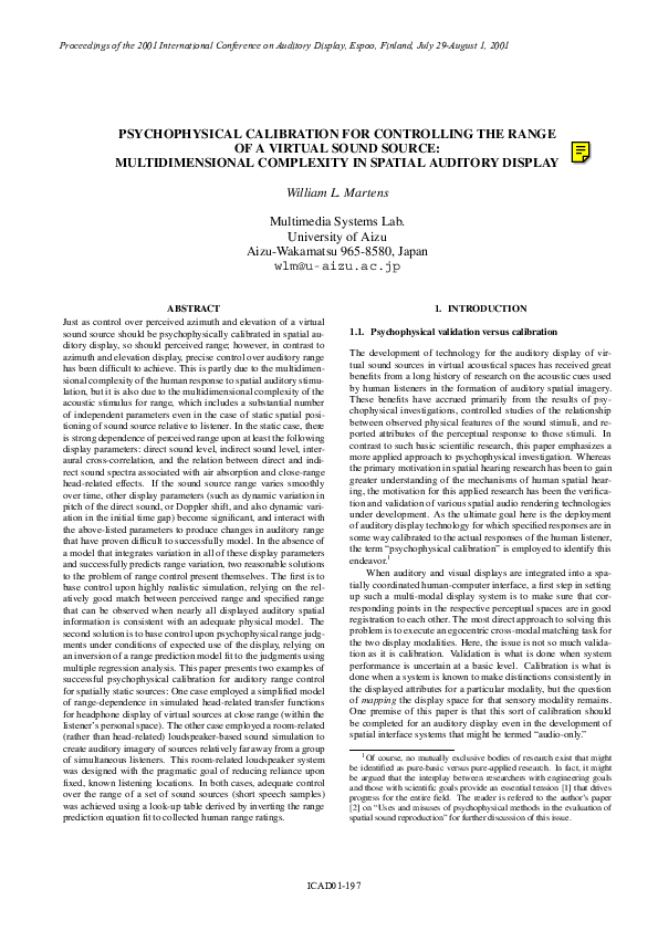 (PDF) PSYCHOPHYSICAL CALIBRATION FOR CONTROLLING THE RANGE OF A VIRTUAL SOUND SOURCE ...