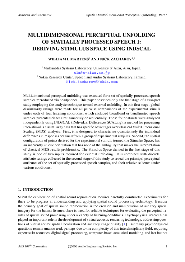(PDF) MULTIDIMENSIONAL PERCEPTUAL UNFOLDING OF SPATIALLY PROCESSED SPEECH I: DERIVING STIMULUS ...