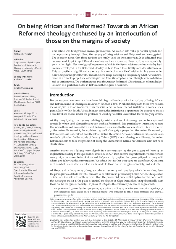 (PDF) On being African and Reformed? Towards an African Reformed ...