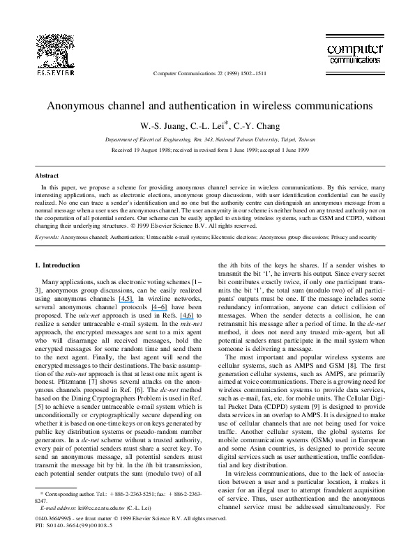 (PDF) Anonymous channel and authentication in wireless communications