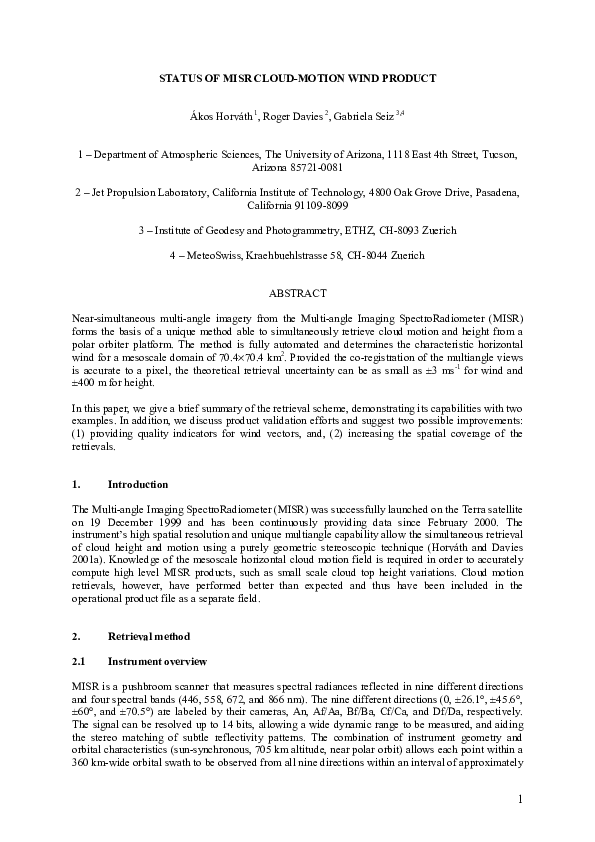 (PDF) Status of MISR cloud-motion wind product