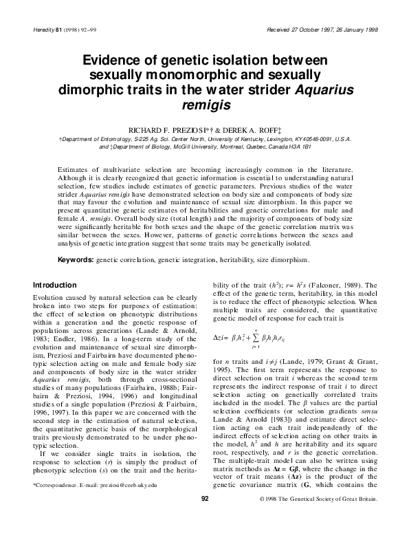 (PDF) Evidence of genetic isolation between sexually monomorphic and ...