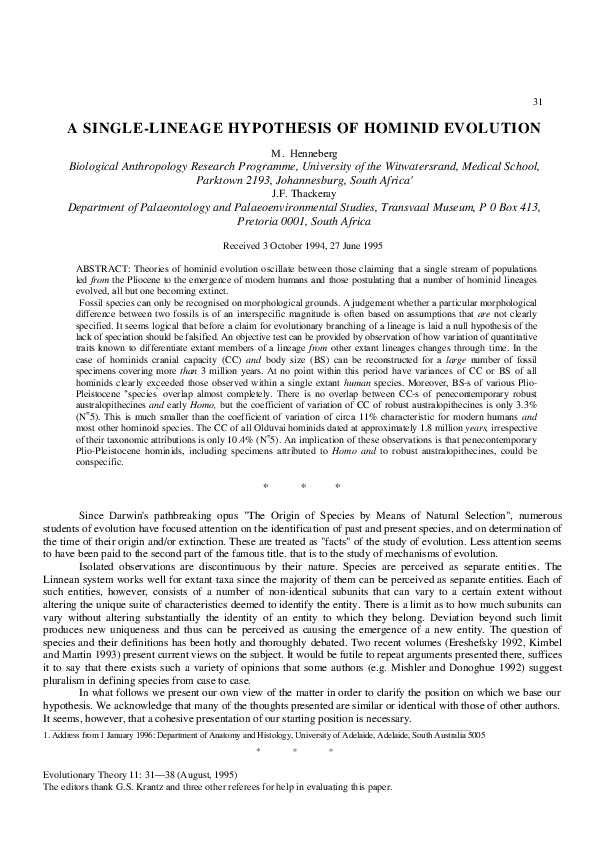 (PDF) A single-lineage hypothesis of hominid evolution