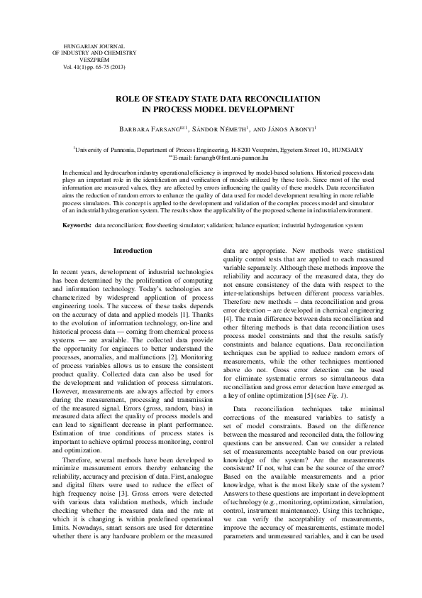 Pdf Role Of Steady State Data Reconciliation In Process Model Development