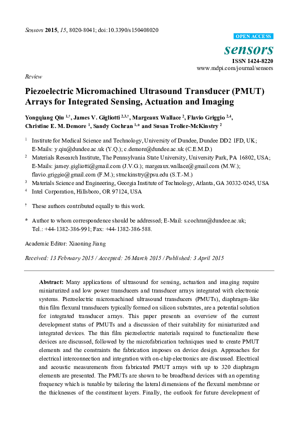 (PDF) Piezoelectric Micromachined Ultrasound Transducer (PMUT) Arrays for Integrated Sensing ...