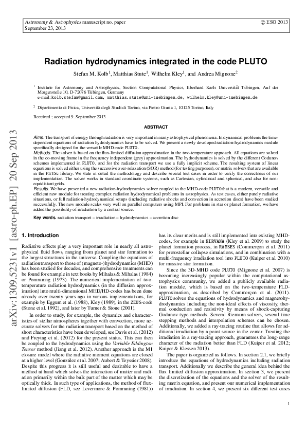 (PDF) Radiation hydrodynamics integrated in the code PLUTO