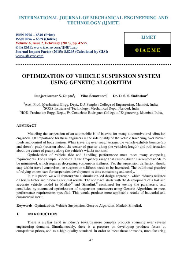 (PDF) OPTIMIZATION OF VEHICLE SUSPENSION SYSTEM USING GENETIC ALGORITHM