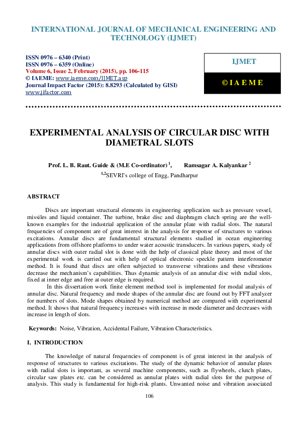 (PDF) EXPERIMENTAL ANALYSIS OF CIRCULAR DISC WITH DIAMETRAL SLOTS
