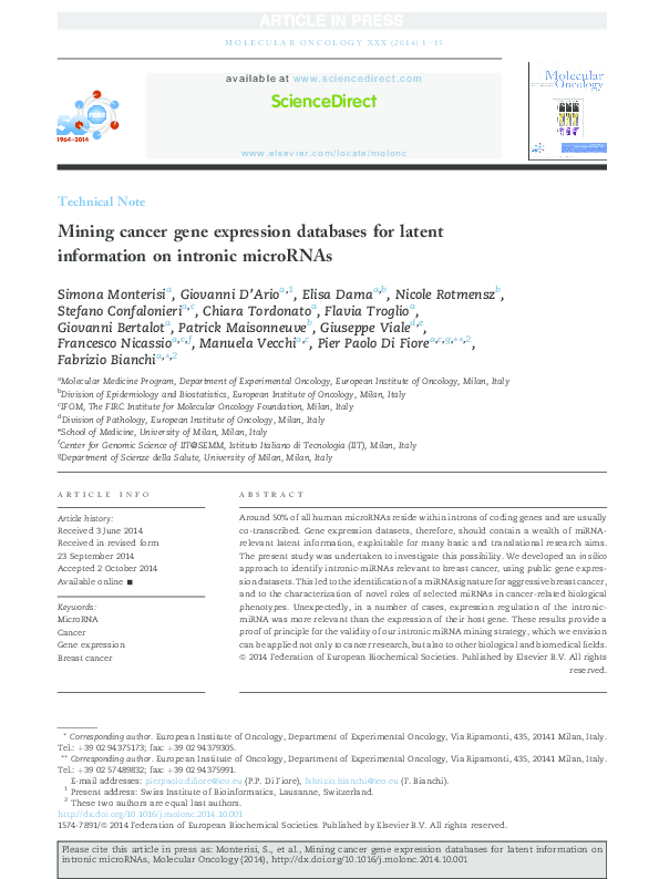 (PDF) Mining cancer gene expression databases for latent information on intronic microRNAs