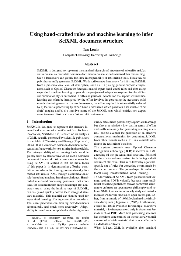 (PDF) Using hand-crafted rules and machine learning to infer SciXML document structure