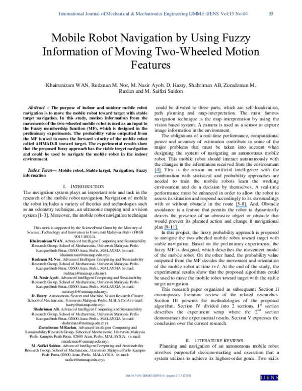 Pdf Mobile Robot Navigation By Using Fuzzy Information Of Moving Two Wheeled Motion Features