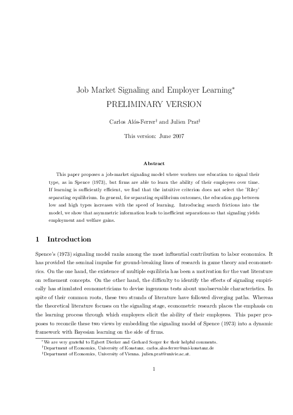 (PDF) Job market signaling and employer learning
