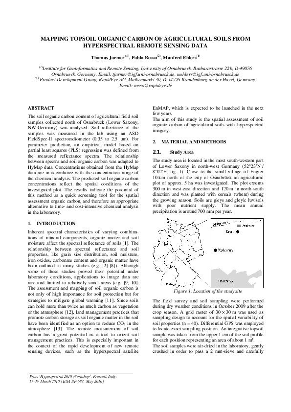 (PDF) MAPPING TOPSOIL ORGANIC CARBON OF AGRICULTURAL SOILS FROM HYPERSPECTRAL REMOTE SENSING DATA