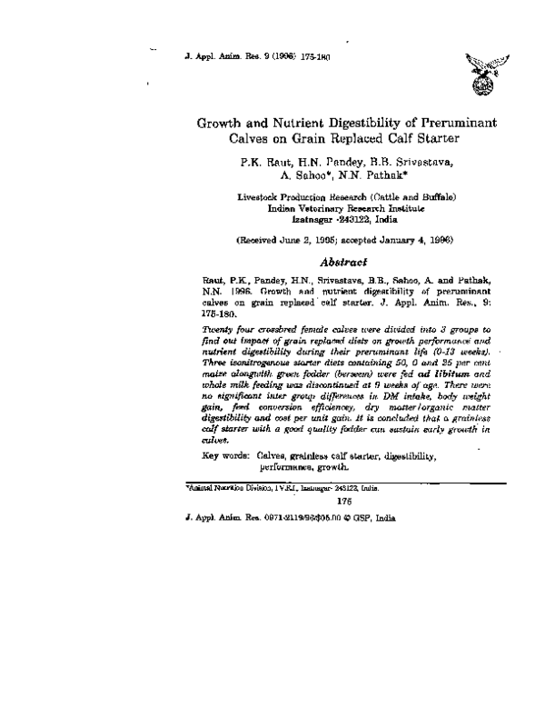 (PDF) Growth and Nutrient Digestibility of Preruminant Calves on Grain ...