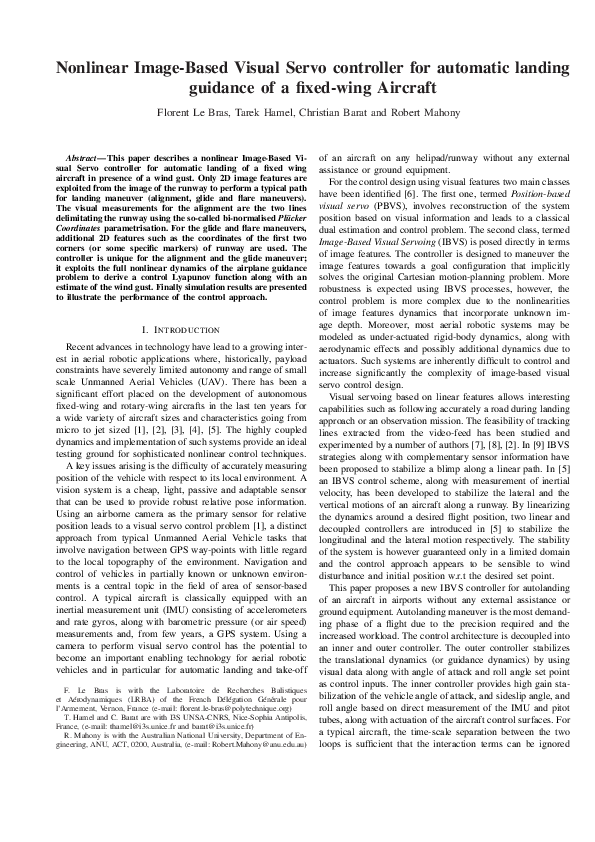 Pdf Nonlinear Image Based Visual Servo Controller For Automatic Landing Guidance Of A Fixed
