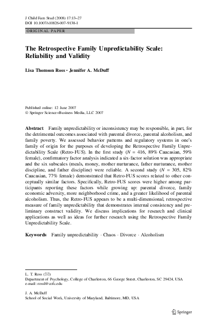 (PDF) The Retrospective Family Unpredictability Scale: Reliability and ...