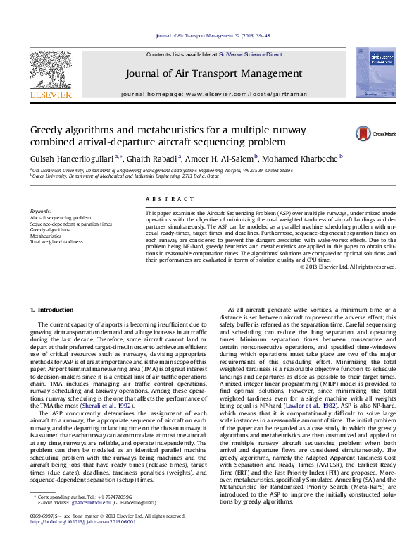Pdf Greedy Algorithms And Metaheuristics For A Multiple Runway