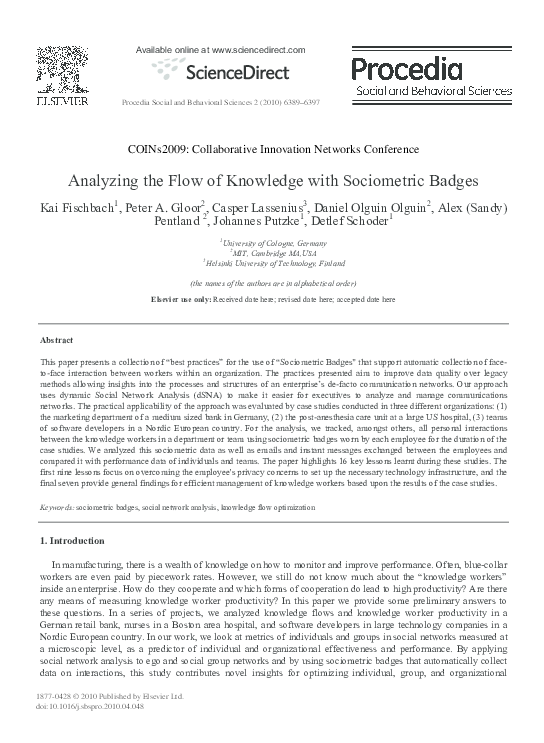 (PDF) Analyzing the Flow of Knowledge with Sociometric Badges
