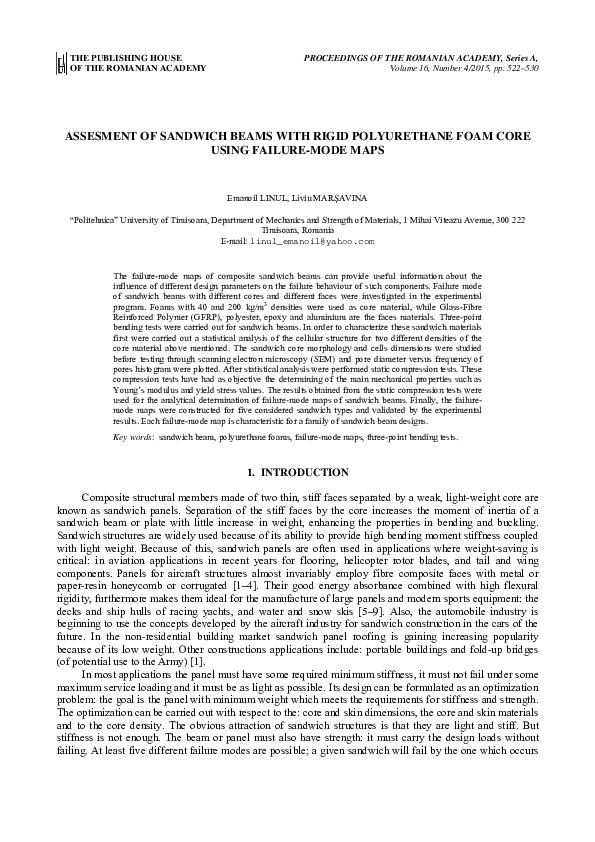 (PDF) ASSESMENT OF SANDWICH BEAMS WITH RIGID POLYURETHANE FOAM CORE USING FAILURE-MODE MAPS