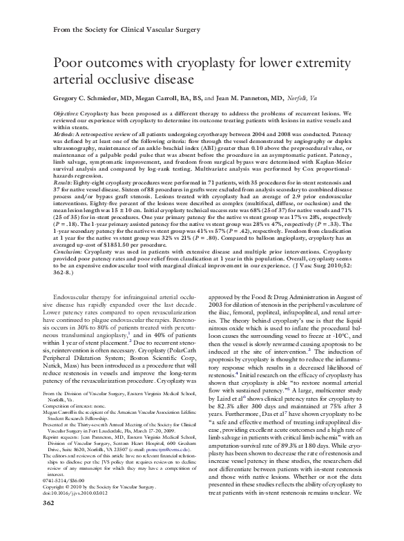 (PDF) Poor outcomes with cryoplasty for lower extremity arterial ...