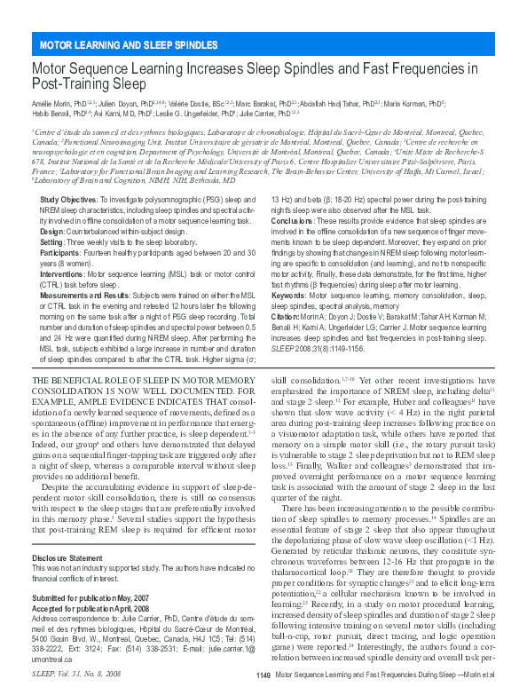 (PDF) Motor sequence learning increases sleep spindles and fast frequencies in post-training sleep