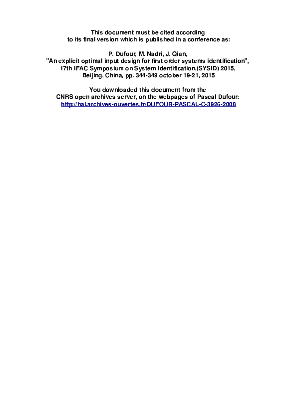 Pdf An Explicit Optimal Input Design For First Order Systems Identification 