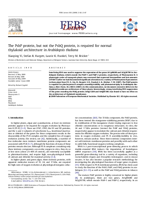 (PDF) PsbP Protein Essential for Thylakoid Architecture in Arabidopsis