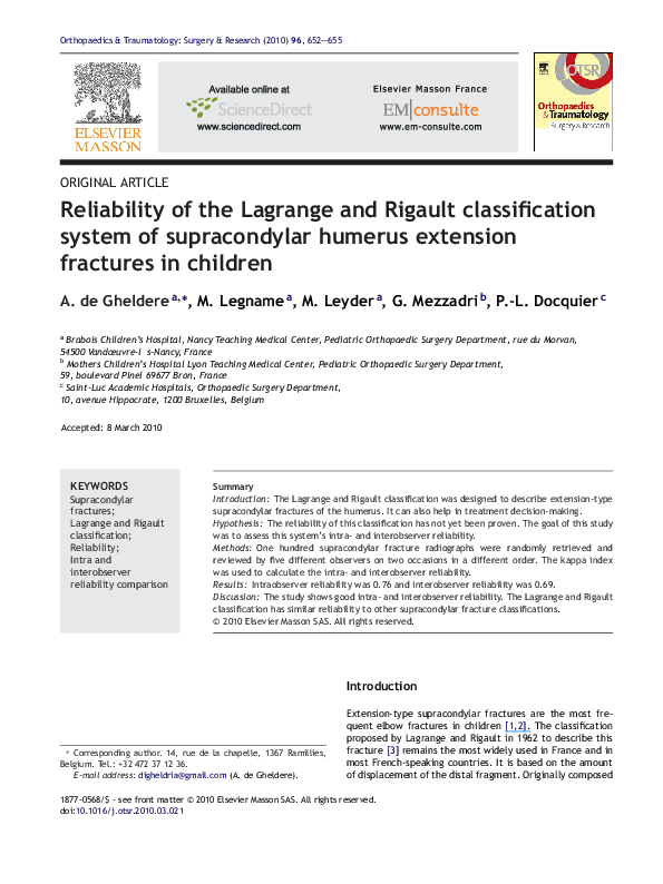 (PDF) Reliability of the Lagrange and Rigault classification system of ...