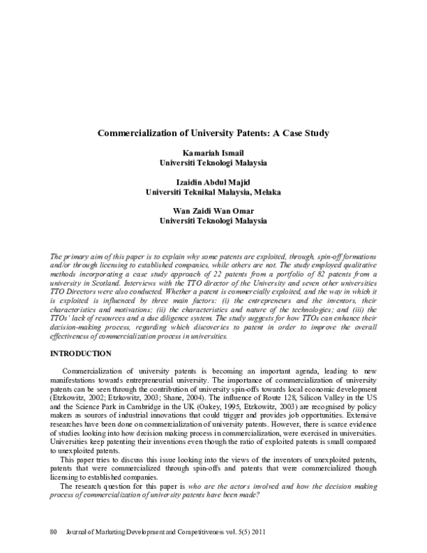 (PDF) Commercialisation of University Patents: A Case Study