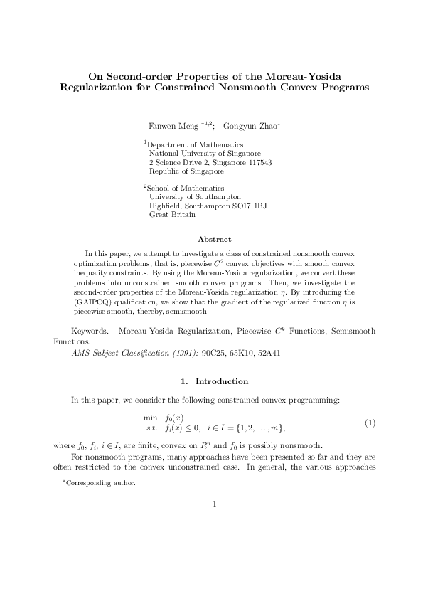 (PDF) On Second-Order Properties of the Moreau–Yosida Regularization for Constrained Nonsmooth ...