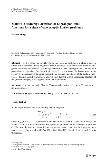 Pdf Moreau Yosida Regularization Of Lagrangian Dual Functions For A Class Of Convex