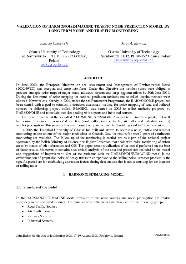 (PDF) VALIDATION OF HARMONOISE/IMAGINE TRAFFIC NOISE PREDICTION MODEL BY LONG TERM NOISE AND ...