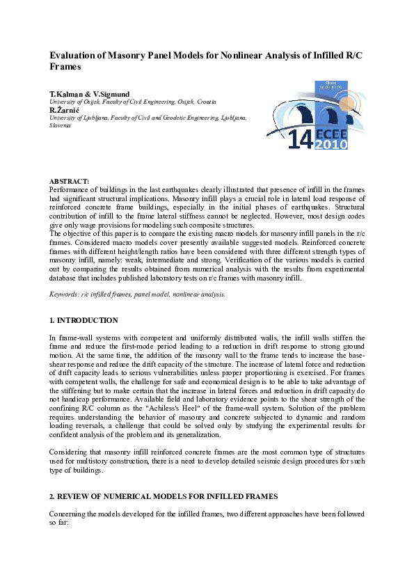 (PDF) Evaluation of Masonry Panel Models for Nonlinear Analysis of Infilled R/C Frames