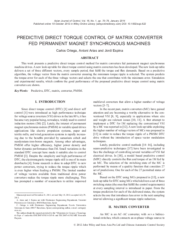 Pdf Predictive Direct Torque Control Of Matrix Converter Fed Permanent Magnet Synchronous Machines