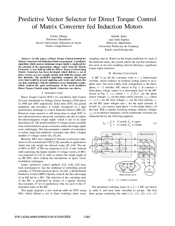 Pdf Predictive Vector Selector For Direct Torque Control Of Matrix Converter Fed Induction Motors