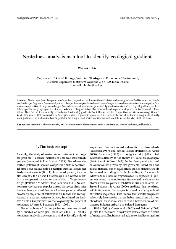 (PDF) Nestedness analysis as a tool to identify ecological gradients