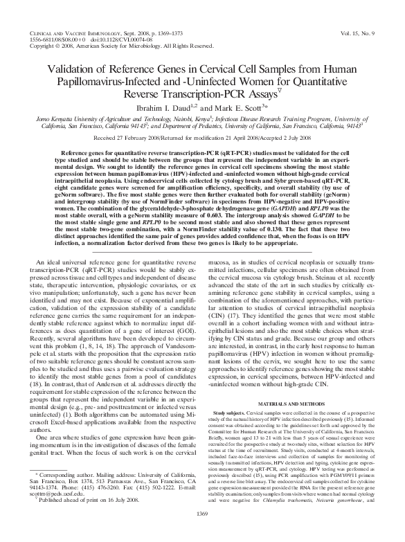 (PDF) Validation of Reference Genes in Cervical Cell Samples from Human Papillomavirus-Infected ...