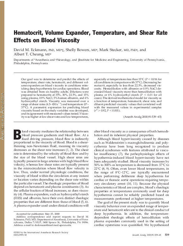 (PDF) Hematocrit, Volume Expander, Temperature, and Shear Rate Effects ...