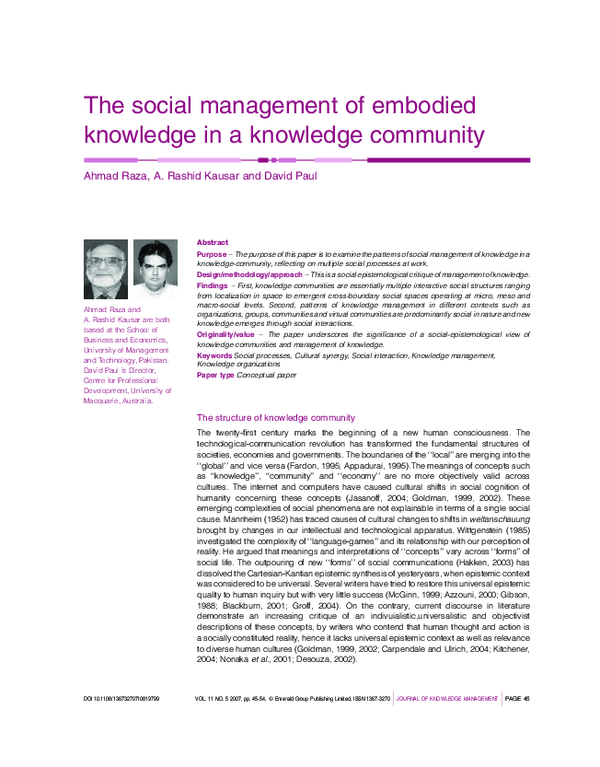 The social management of embodied knowledge in a knowledge community