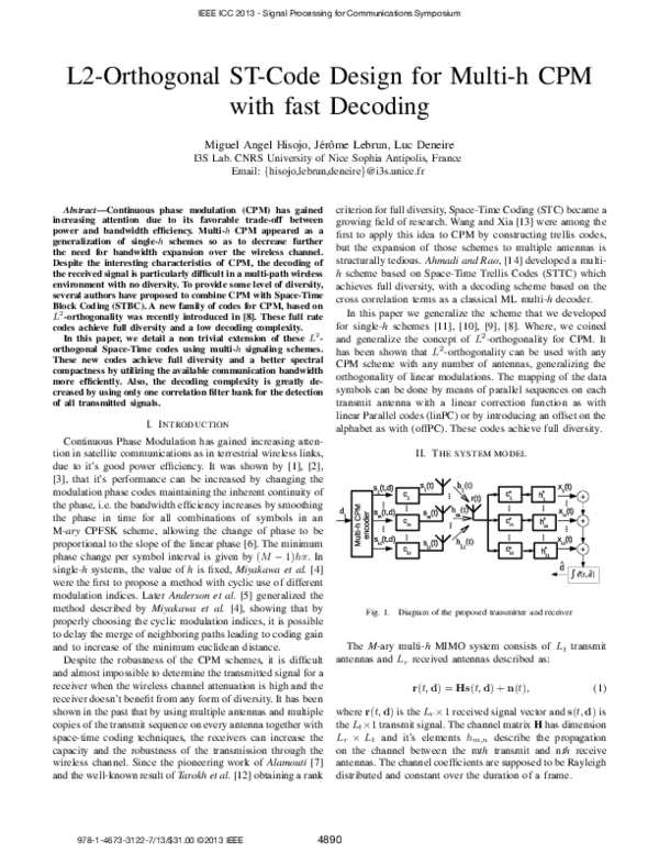 Pdf L2 Orthogonal St Code Design For Multi H Cpm With Fast Decoding