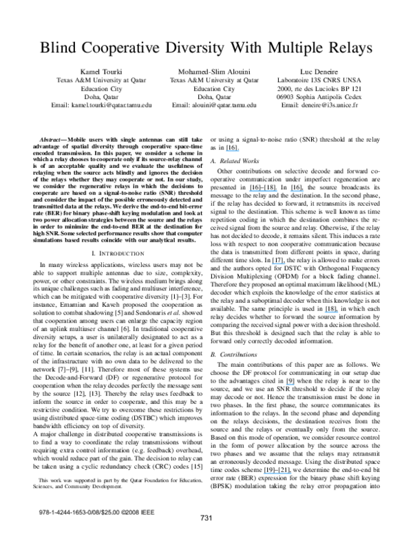 (PDF) Blind cooperative diversity with multiple relays