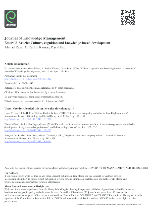 Journal of Knowledge Management Emerald Article: Culture, cognition and ...