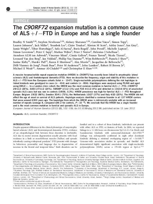 (PDF) The C9ORF72 expansion mutation is a common cause of ALS+/−FTD in ...