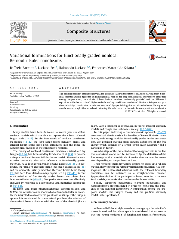 Pdf Variational Formulations For Functionally Graded Nonlocal Bernoulli Euler Nanobeams